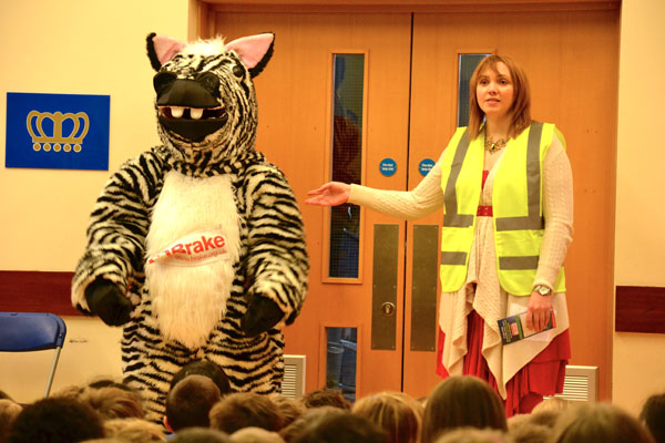 Zac the Zebra and Louisa Davison from Pebley Beach leading assembly ...